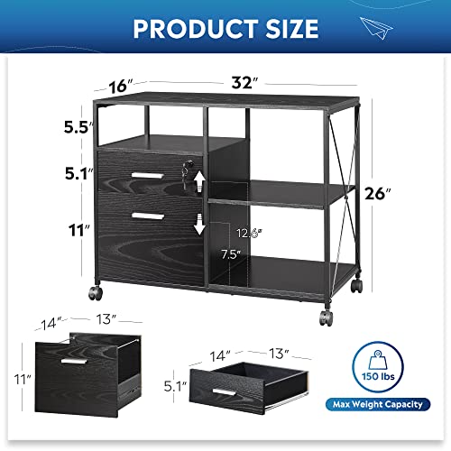 DEVAISE 2 Drawer Lateral File Cabinet with Lock, Mobile Printer Stand with Open Storage Shelf, Wood Filing Cabinet fits A4 or Letter Size for Home Office, Black