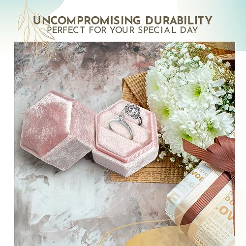 NEUTA Velvet Ring Box - Pink - 2 Slot Exquisite Wedding Ring Bearer Box - Gorgeous Hexagon Wedding Ring Box with Detachable Lid for Proposal, Engagement, Wedding, Ceremony, Storage & Safe Keeping…