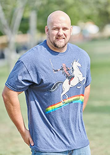 Marvel Men's Deadpool Riding A Unicorn On A Rainbow T-Shirt, Navy Heather, 3X-Large