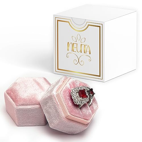 NEUTA Velvet Ring Box - Pink - 2 Slot Exquisite Wedding Ring Bearer Box - Gorgeous Hexagon Wedding Ring Box with Detachable Lid for Proposal, Engagement, Wedding, Ceremony, Storage & Safe Keeping…