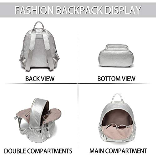 VASCHY Mini Backpack Purse, Cute Faux Leather Small Backpack Purse for Women and Teen Girls with Double Compartment Silver