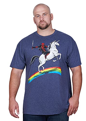 Marvel Men's Deadpool Riding A Unicorn On A Rainbow T-Shirt, Navy Heather, 3X-Large