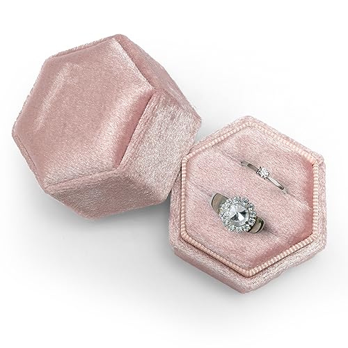 NEUTA Velvet Ring Box - Pink - 2 Slot Exquisite Wedding Ring Bearer Box - Gorgeous Hexagon Wedding Ring Box with Detachable Lid for Proposal, Engagement, Wedding, Ceremony, Storage & Safe Keeping…