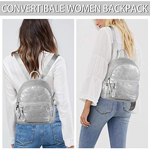 VASCHY Mini Backpack Purse, Cute Faux Leather Small Backpack Purse for Women and Teen Girls with Double Compartment Silver