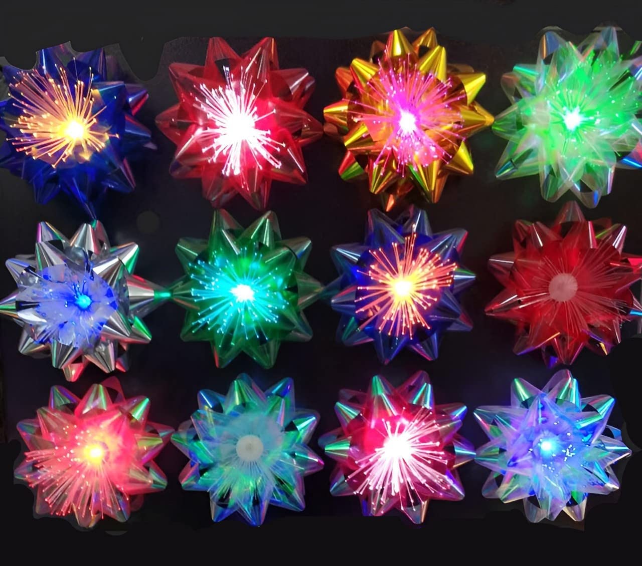 Light Up Glowing Gift Bows, 6 Iridescent LED Ribbon Bow for Gift Packaging and Decorations- Fiber-Optic LED Glowing Gift Ribbon Flower Bows with LED Lights, Flashing and Color Changing, Self Adhesive