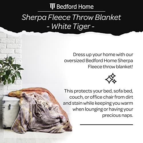 Bedford Home Sherpa Fleece Throw Blanket, Machine Washable, Warm, Soft, Hypoallergenic, Breathable, Lightweight Multipurpose Plush Warmer for Adults and Kids - White Tiger Print - 60β (L) x 50β (W)