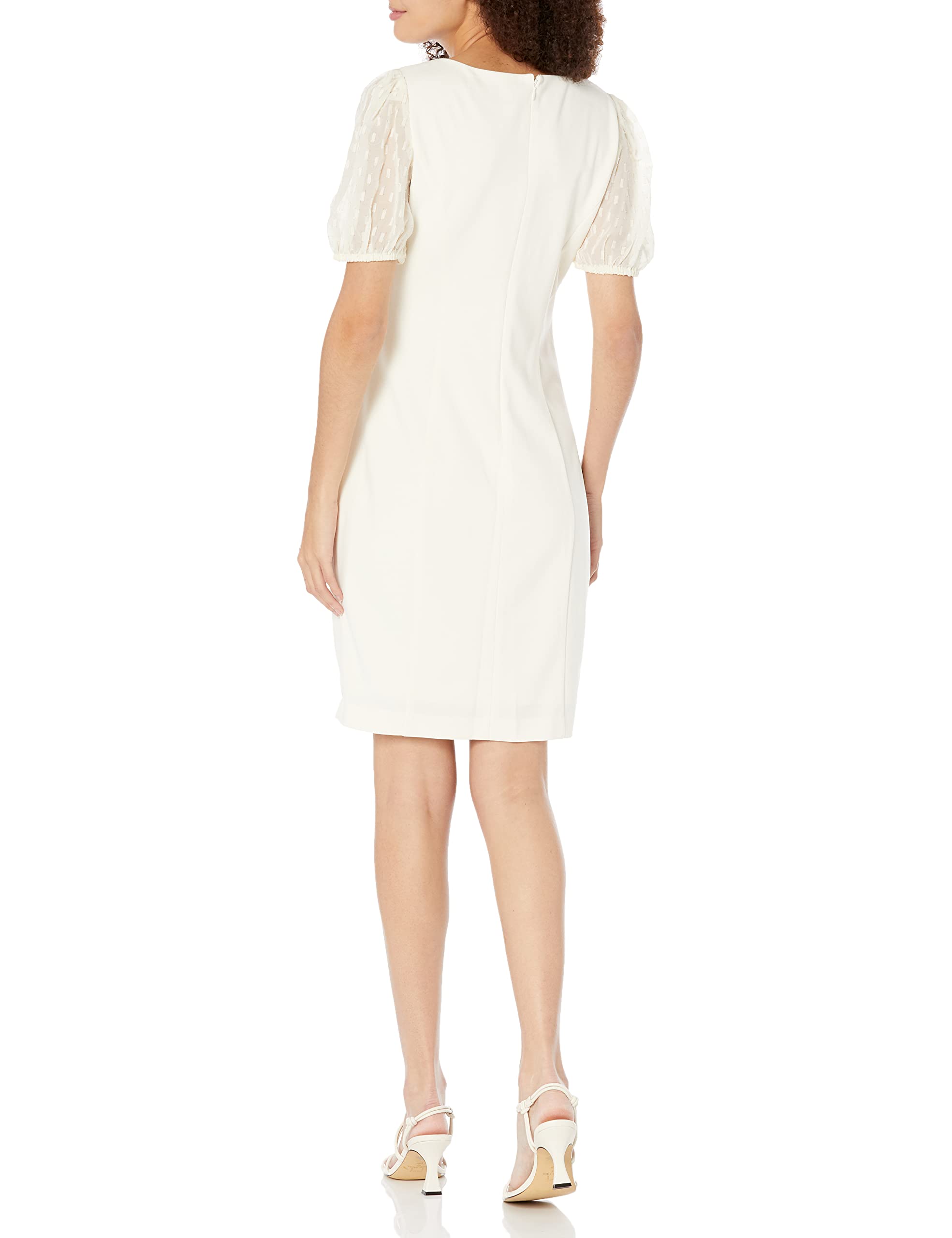 DKNY Women's Short Balloon Sleeve Mixed Media Mini Sheath Dress, Cream, 12