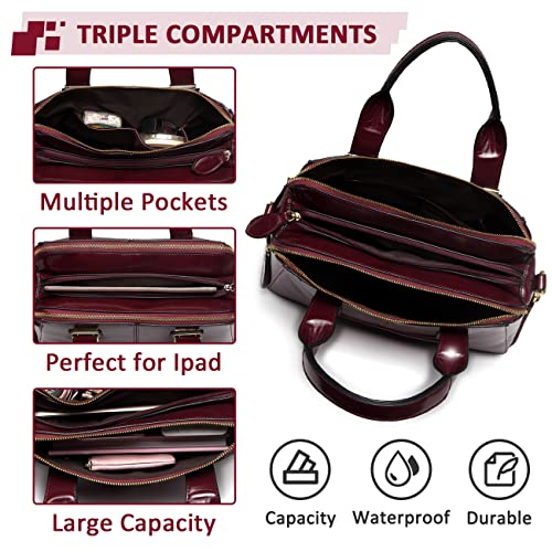 VASCHY Satchel Bag for Women, Faux Patent Leather Top Handle Handbag Work Tote Purse with Triple Compartments Burgundy