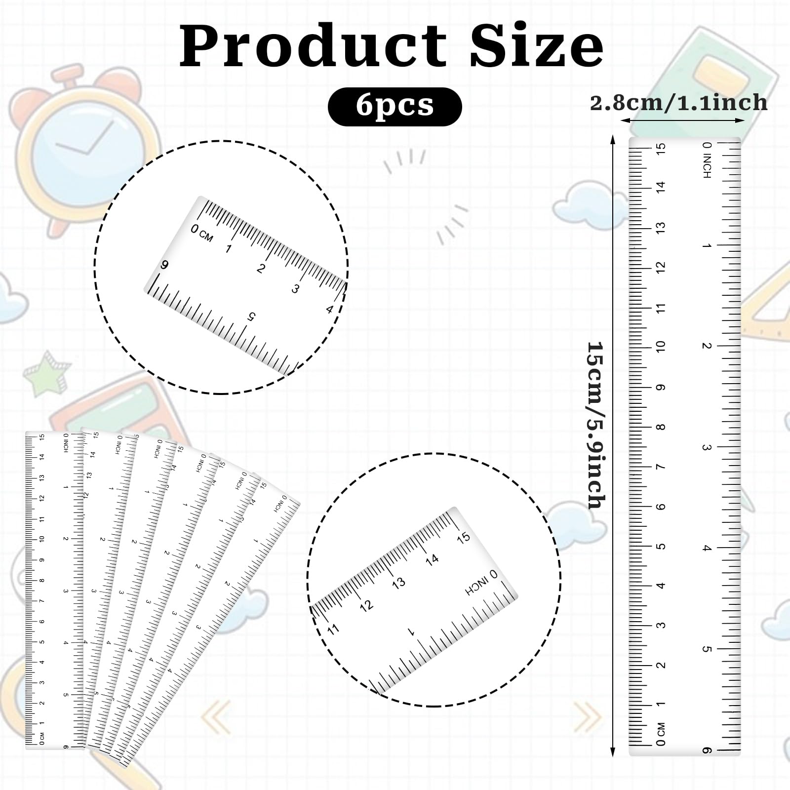 6Pcs 6 inch Ruler Clear Plastic Ruler Plastic Ruler Drafting Tools, Straight Shatterproof Rulers Transparent Rulers for Office Supply Ruler (Clear)