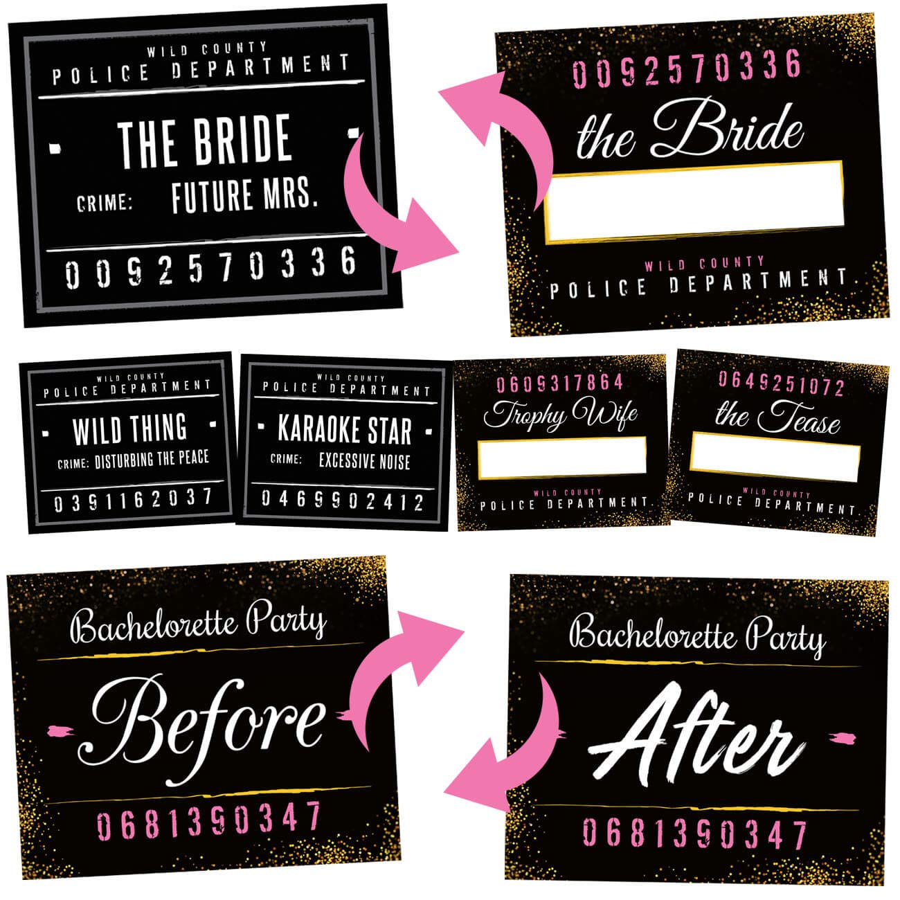 Bachelorette Party Mugshot Signs - Girls Night Out, Birthday, Wedding & Bachelorette Party Supplies Decorations - 21 Reversible Photo Booth Prop Signs - 42 Variations