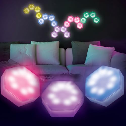 SKYLAR LED/RGB Hexagon Wall Lights, Peel & Stick Tiles for Home Décor | Battery-Operated Color Changing, Touch Activated or Remote Control (3-Pack)
