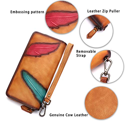 Women's Wallet Genuine Leather Zip Around Wristlet Long Purse Vintage Embossing Cowhide Capacity Handmade Clutch(Brown)