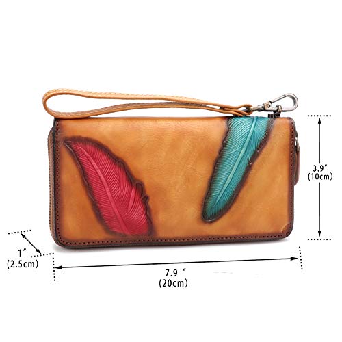 Women's Wallet Genuine Leather Zip Around Wristlet Long Purse Vintage Embossing Cowhide Capacity Handmade Clutch(Brown)