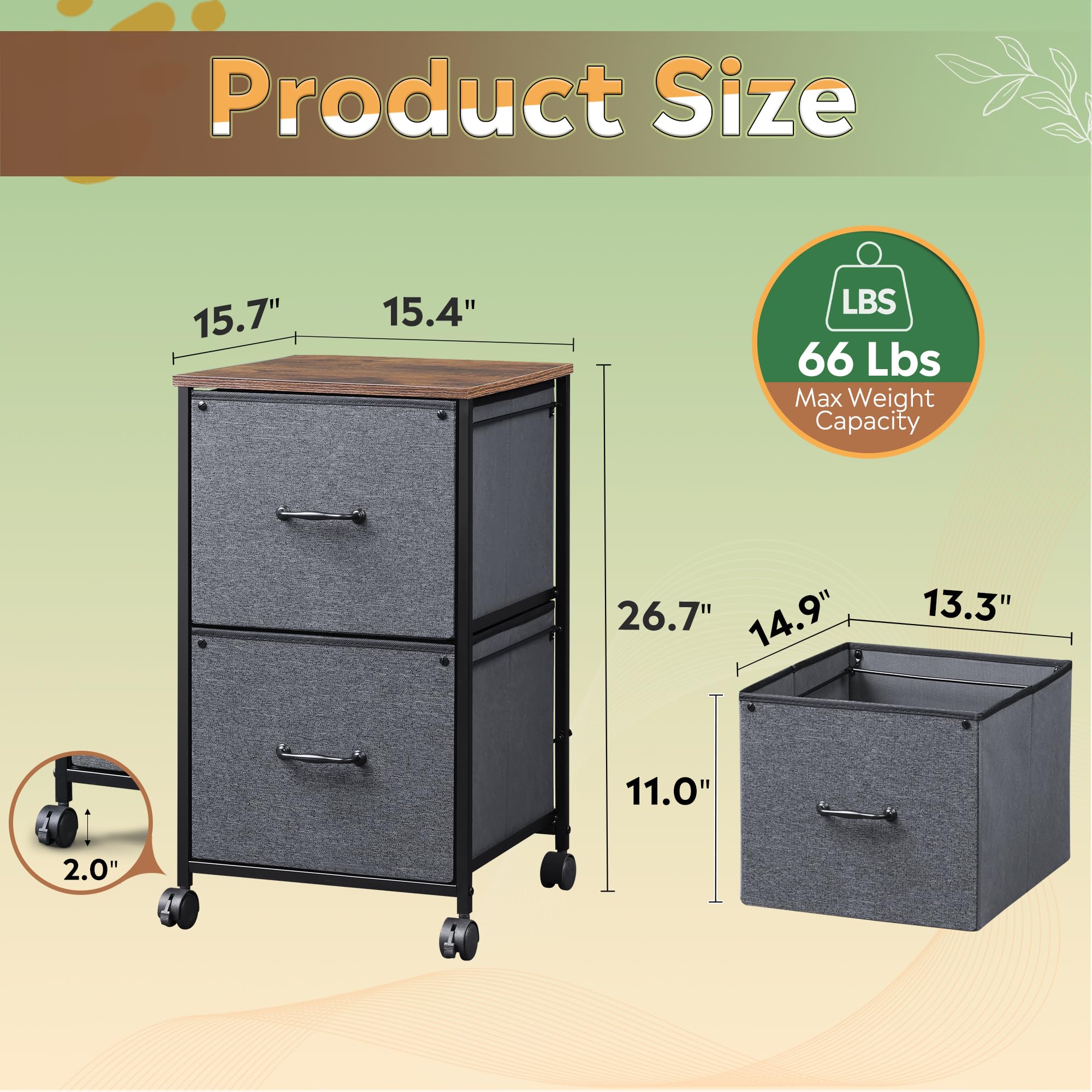 DEVAISE 2 Drawer Mobile File Cabinet, Rolling Printer Stand, Fabric Vertical Filing Cabinet fits A4 or Letter Size for Home Office, Rustic Brown