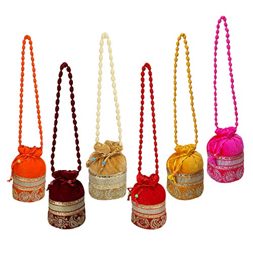 Indian Velvet Potli (Pack of 6 Potli Bag in assorted color), Jwelery Pouch, Coins Pouch