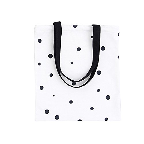 Nuni Black Polka Dot Pattern Canvas Tote Bag School Bag White, Medium