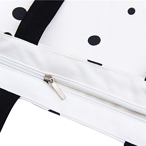 Nuni Black Polka Dot Pattern Canvas Tote Bag School Bag White, Medium