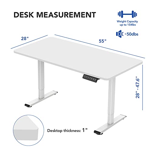 FLEXISPOT EN1 Large Stand Up Desk 55 Inches Whole-Piece Desk Computer Workstation Ergonomic Memory Controller Height Adjustable Standing Desk (White Frame + 55" White Top, 2 Packages)