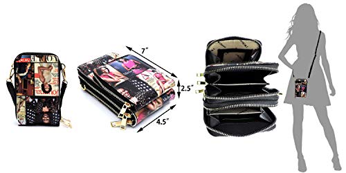 Amy & Joey Magazine Cover Collage Michelle Obama Printed Crossbody Bag Cellphone Purse Wallet (MULTI/RD)