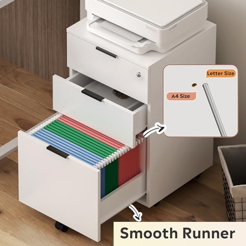 GOSROMS 3 Drawer File Cabinet with Lock & Charging Station, Wooden Move File Cabinet with Wheels, for Home Office, A4/Letter Size Files Under Desk - White