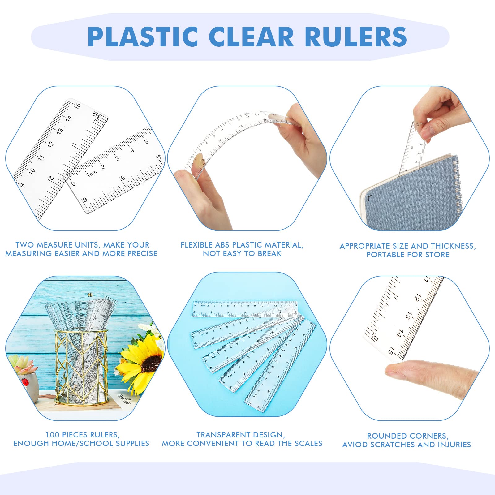 Zonon 200 Pcs 6 Inch Rulers Bulk Clear Plastic Flexible Straight Rulers with Inches and Centimeters First Day of School Gift for Students Back to School Office Supplies