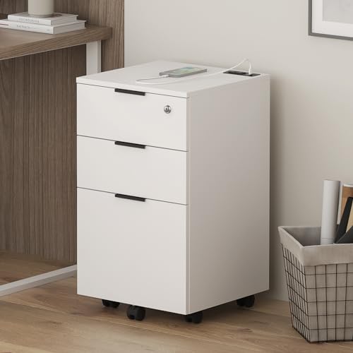 GOSROMS 3 Drawer File Cabinet with Lock & Charging Station, Wooden Move File Cabinet with Wheels, for Home Office, A4/Letter Size Files Under Desk - White