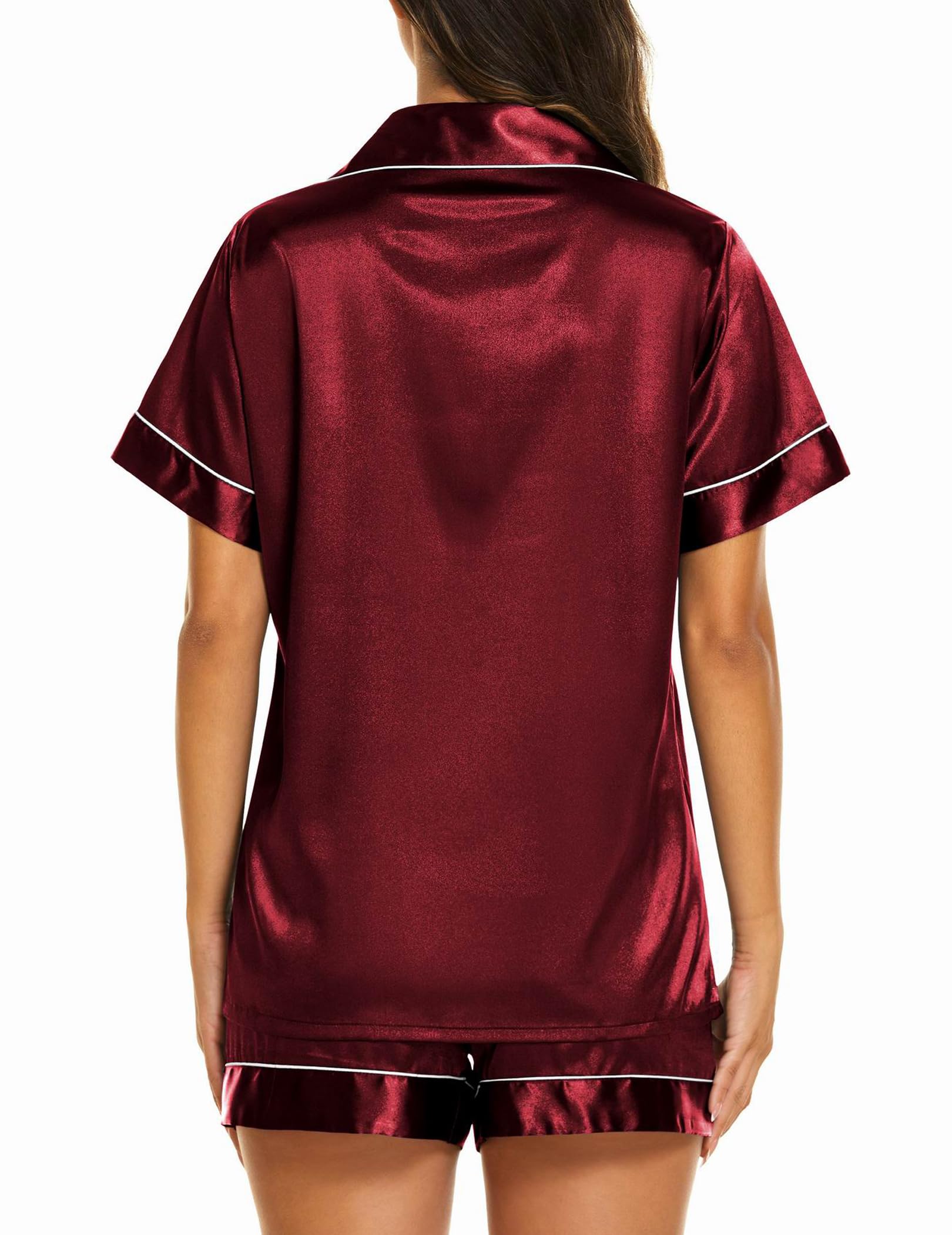 Ekouaer Womens Satin Pajama Set Short Sleeve Pjs Silk Button Down Sleepwear Top and Shorts 2 Piece Lounge Set,Burgundy,X-Large