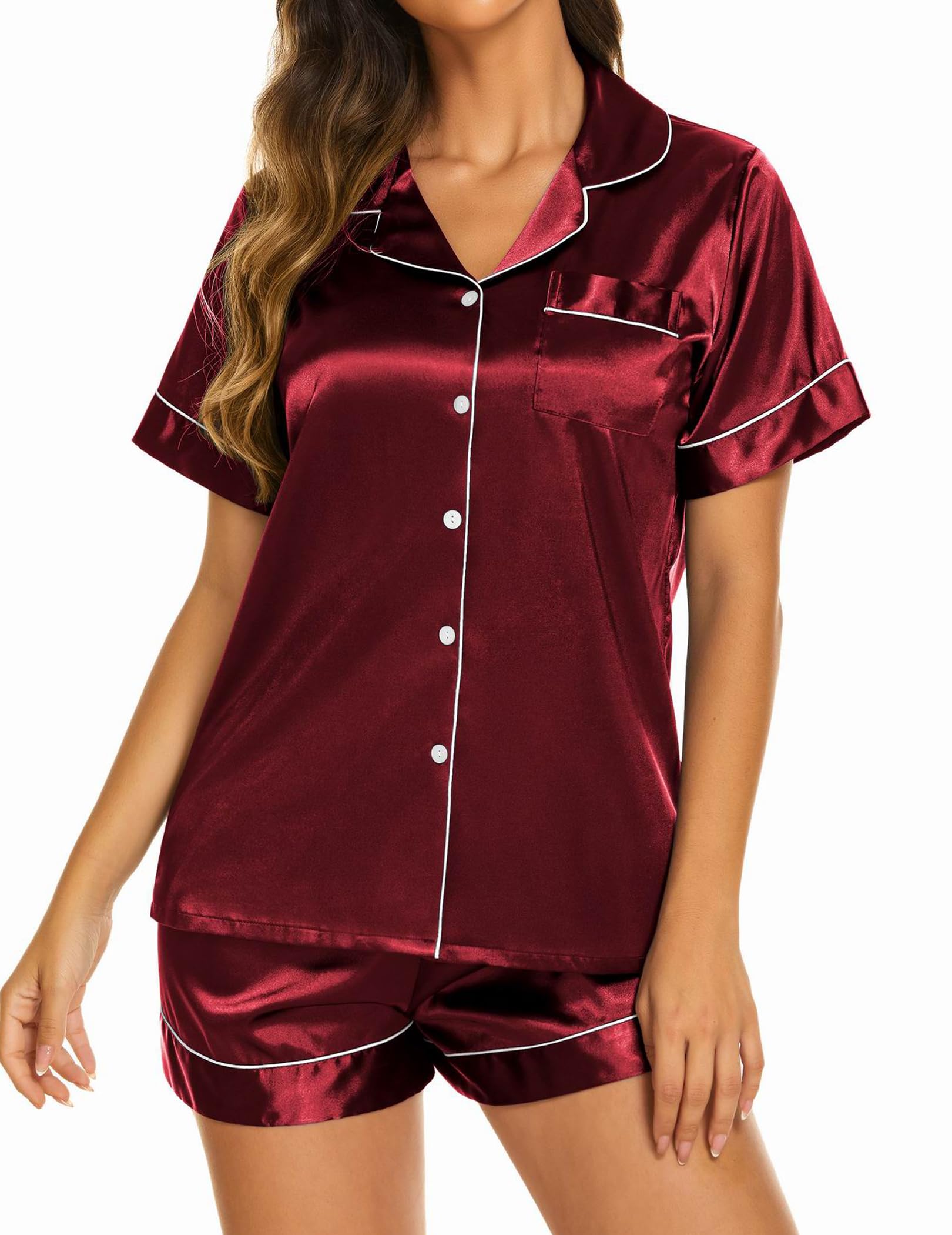Ekouaer Womens Satin Pajama Set Short Sleeve Pjs Silk Button Down Sleepwear Top and Shorts 2 Piece Lounge Set,Burgundy,X-Large
