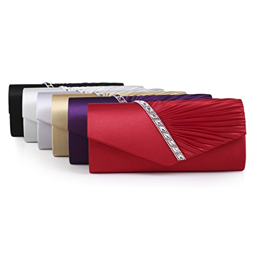 Damara Womens Pleated Crystal-Studded Satin Handbag Evening Clutch,White, large