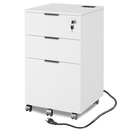 GOSROMS 3 Drawer File Cabinet with Lock & Charging Station, Wooden Move File Cabinet with Wheels, for Home Office, A4/Letter Size Files Under Desk - White