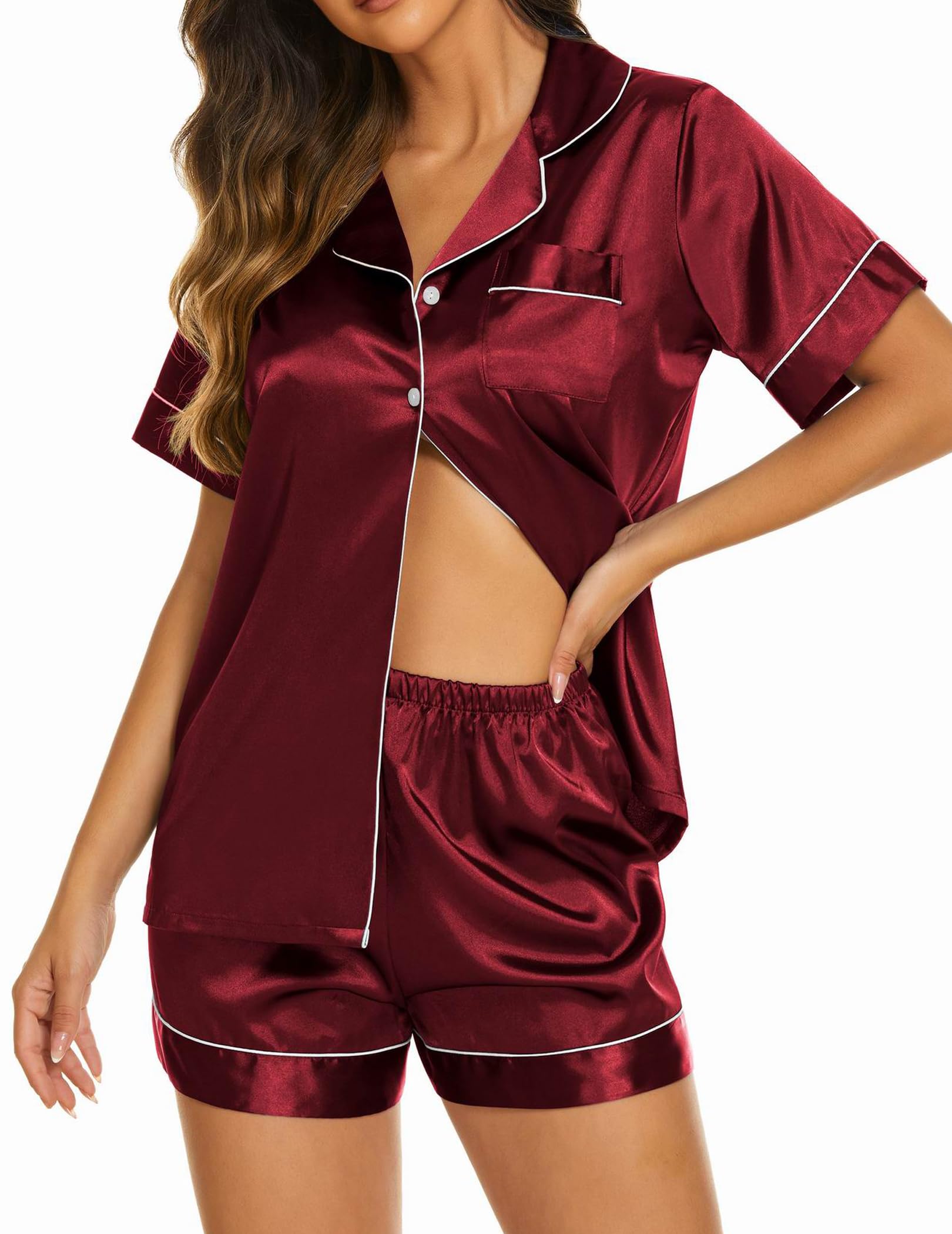 Ekouaer Womens Satin Pajama Set Short Sleeve Pjs Silk Button Down Sleepwear Top and Shorts 2 Piece Lounge Set,Burgundy,X-Large