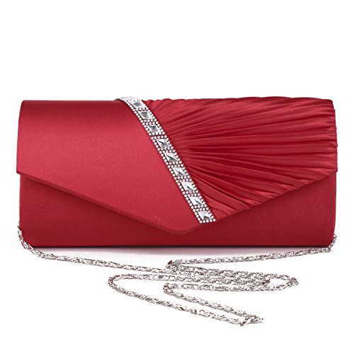 Damara Womens Pleated Crystal-Studded Satin Handbag Evening Clutch,White, large