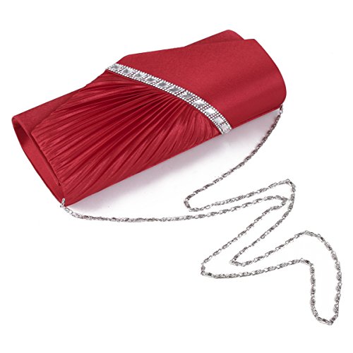 Damara Womens Pleated Crystal-Studded Satin Handbag Evening Clutch,White, large