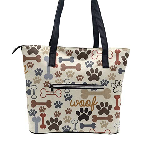 Dog Bones Paw Prints Cream Handbag Water Resistant Shoulder Bag Bookbag for Women Teens, Tote Bag with Inner Pouch