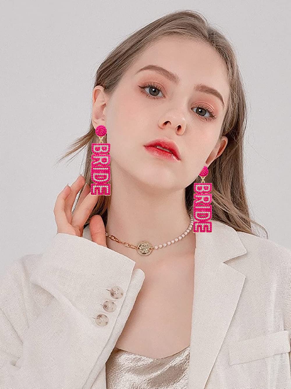 Rhinestone Bride Earrings for Women Handmade Beaded BRIDE Letter Dangle Earring Wedding Bridal Earrings Bridesmaids Bachelorette Party Gift