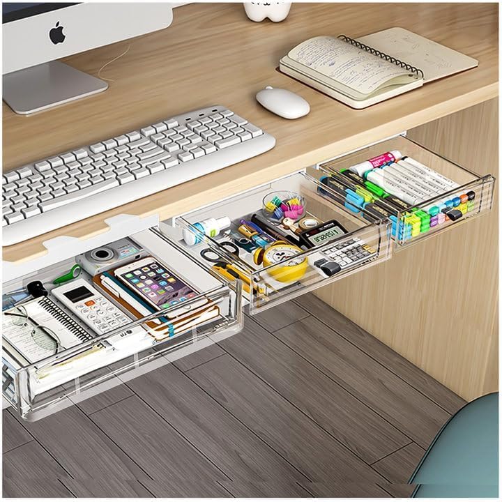3 Pack Under Desk Drawer Organizer, Slide Out Desk Drawer, Clear Plastic Drawer Under Desk for Office, School, Home, Hidden Desktop Organizer Pen Holder for Desk Self-Adhesive (Clear, 3 Size)