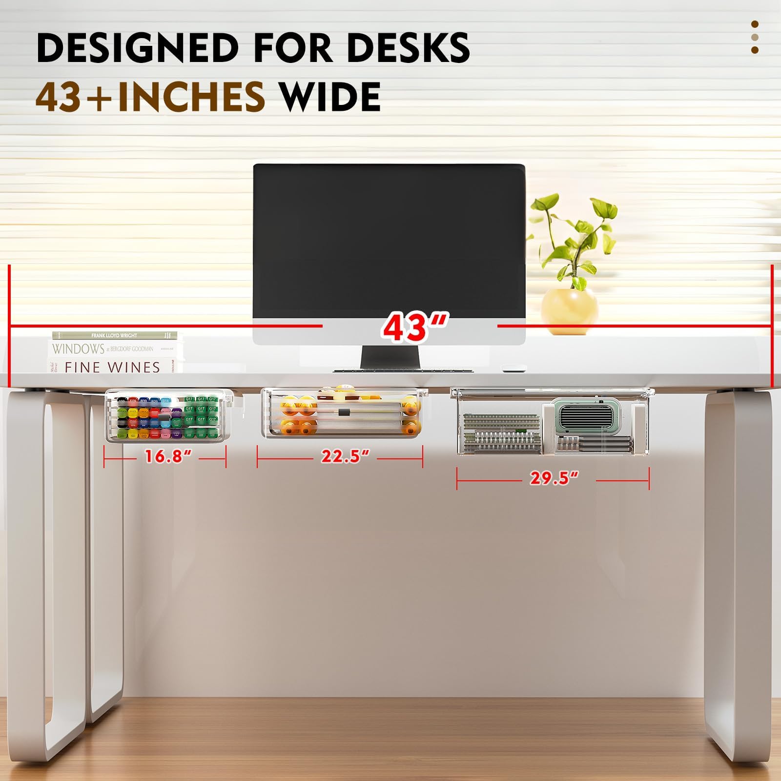 3 Pack Under Desk Drawer Organizer, Slide Out Desk Drawer, Clear Plastic Drawer Under Desk for Office, School, Home, Hidden Desktop Organizer Pen Holder for Desk Self-Adhesive (Clear, 3 Size)
