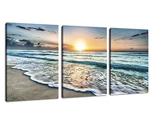Canvas Wall Art Beach Sunset Ocean Waves Wall Decor 3 Pieces x 12" x 16" Modern Seascape Canvas Artwork Contemporary Nature Pictures Painting Giclee Prints Framed Ready to Hang for Home Decoration