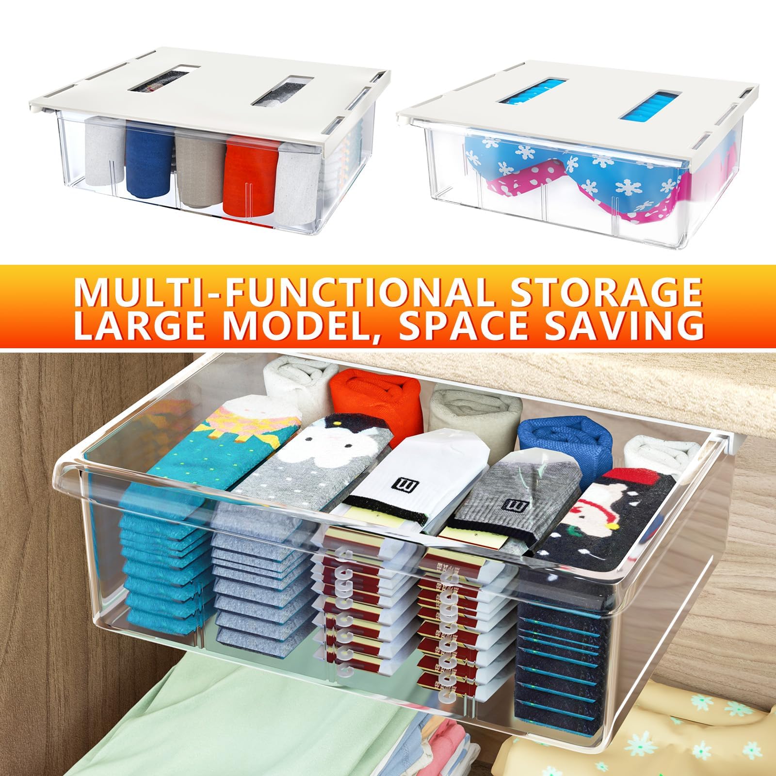 3 Pack Under Desk Drawer Organizer, Slide Out Desk Drawer, Clear Plastic Drawer Under Desk for Office, School, Home, Hidden Desktop Organizer Pen Holder for Desk Self-Adhesive (Clear, 3 Size)