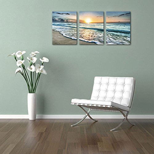Canvas Wall Art Beach Sunset Ocean Waves Wall Decor 3 Pieces x 12" x 16" Modern Seascape Canvas Artwork Contemporary Nature Pictures Painting Giclee Prints Framed Ready to Hang for Home Decoration