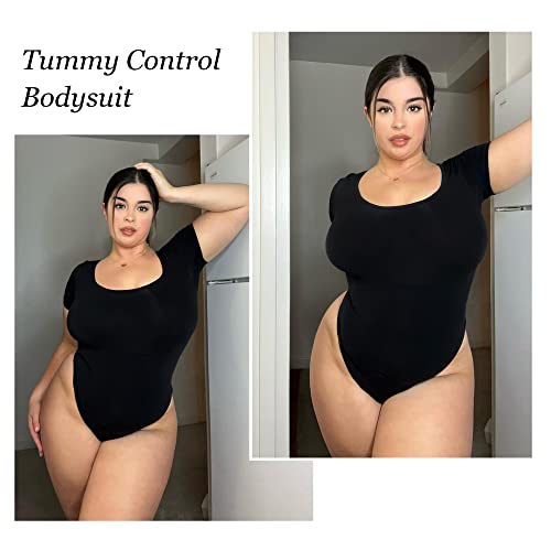 SHAPERX Seamless Short Sleeve Bodysuit for Women Tummy Control Shapewear Thong Sculpting Body Shaper,SZ5253-Black-S/M