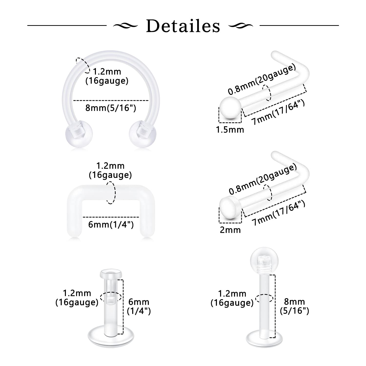 MODRSA Clear Nose Studs Clear Nose Rings for Work Clear Earrings for Sports Clear Piercing Jewelry Plastic Nose Rings for Surgery Septum Retainer Plastic Belly Button Rings Plastic Tongue Rings