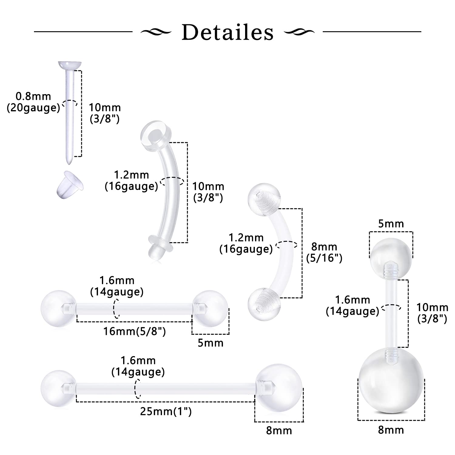 MODRSA Clear Nose Studs Clear Nose Rings for Work Clear Earrings for Sports Clear Piercing Jewelry Plastic Nose Rings for Surgery Septum Retainer Plastic Belly Button Rings Plastic Tongue Rings