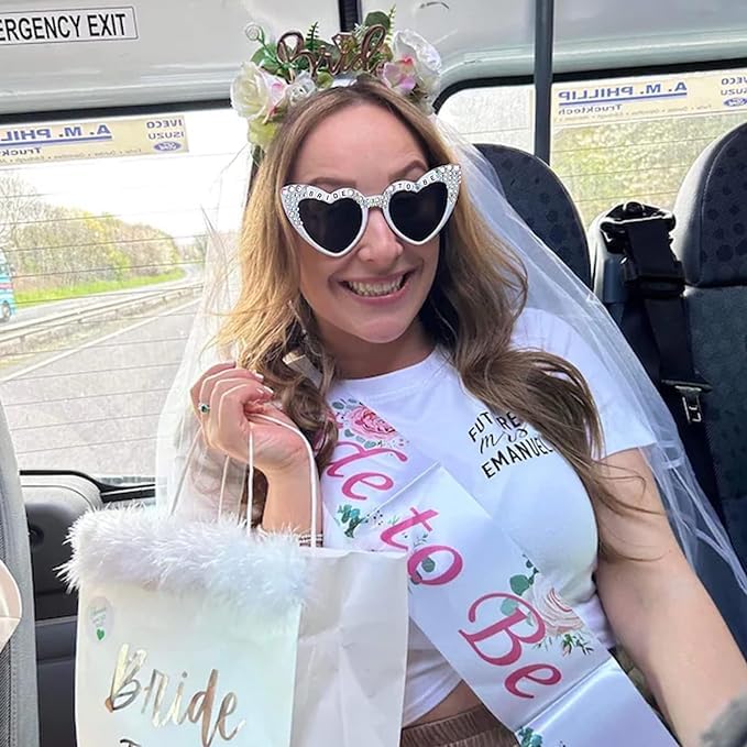 MGupzao Bachelorette Party Bride Sunglasses + Pink Paper Box and Pink Glasses Bag with Pink Glasses Cloth Bride to be Gift