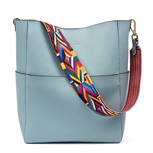 BOSTANTEN Women's Leather Designer Handbags Tote Purses Shoulder Bucket Bags Light Blue