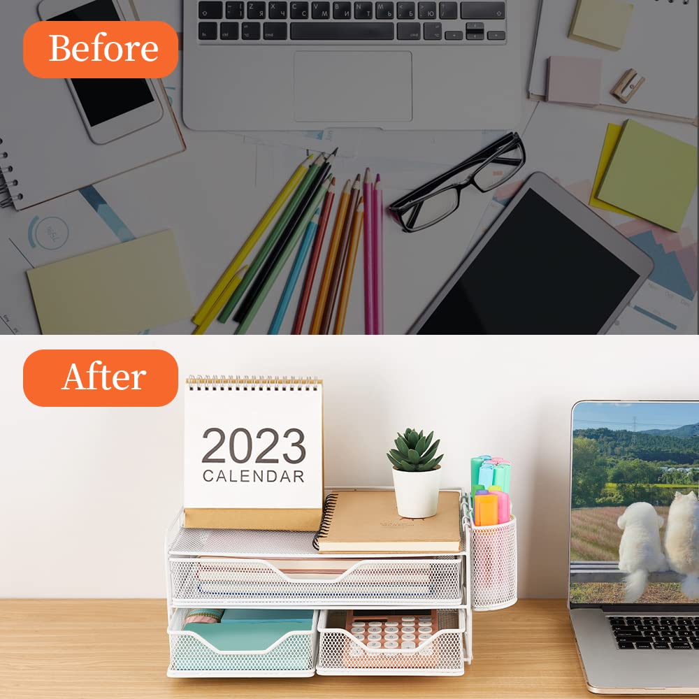 gianotter 3 Tier Desk Drawer Organizer, Office Desk Organizers and Accessories with 2 Pen Holder, Desk Accessories & Workspace Organizers for Home Office Supplies (White), G-3D