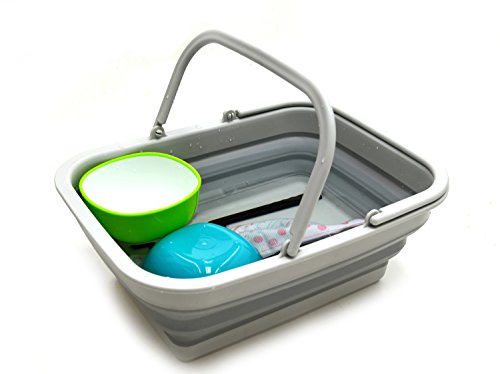 SAMMART SAMMART 9.2L (2.37Gallon) Collapsible Tub with Handle - Portable Outdoor Picnic Basket / Crater - Foldable Shopping Bag - Space Saving Storage Container (1, Grey)