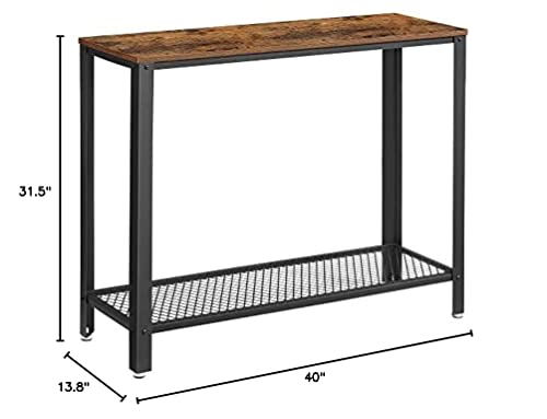 VASAGLE Console Table, 2-Tier Entryway Table with Mesh Shelf, Narrow Sofa Table, Steel Frame, Adjustable Feet, for Hallway, Living Room, Industrial Style, Rustic Brown and Black ULNT80X