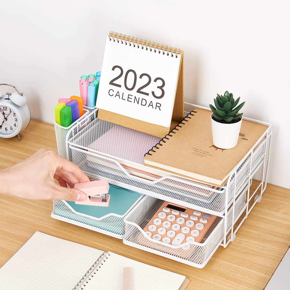 gianotter 3 Tier Desk Drawer Organizer, Office Desk Organizers and Accessories with 2 Pen Holder, Desk Accessories & Workspace Organizers for Home Office Supplies (White), G-3D