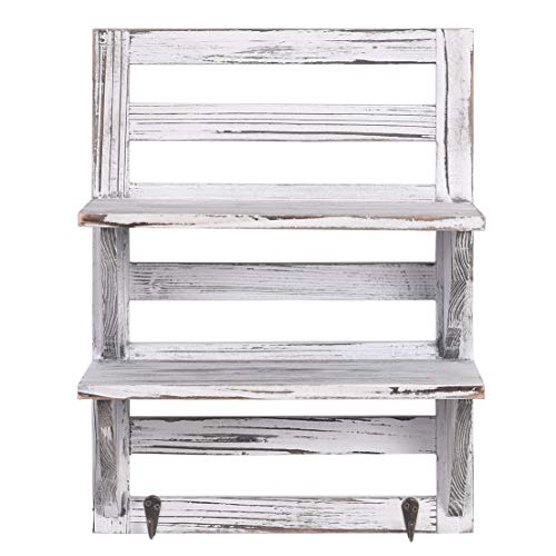 RHF Rustic Wall Shelf, Wood Wall Shelves, Hanging Shelf Organizer Rack, Decorative Floating Shelves for Living Room, Bathroom, Kitchen, Office - 2 Hooks 2-Tier (White)